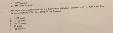 Solved The Height Of An Object T Seconds After It Is Dropped
