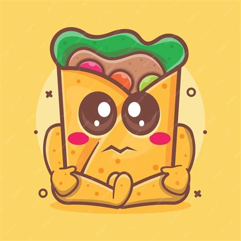 플랫 스타일 디자인에 슬픈 표정으로 고립 된 만화와 귀여운 부리 토 음식 캐릭터 마스코트 프리미엄 벡터