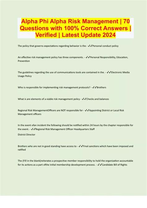 Alpha Phi Alpha Risk Management Questions With Correct Answers Verified Latest