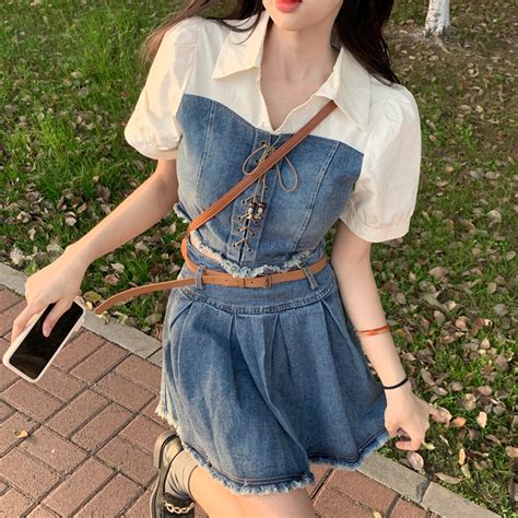 봄나들이벚꽃소풍청청 코디여친룩데이트룩러블리귀여운 셔츠 레이어드 와이드 카라 데님 크롭 블라우스 하이 웨스트 핀 턱 A 라인 미니 청 스커트 데님 치마