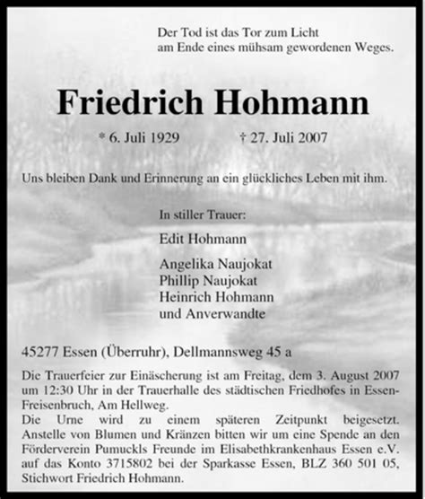 Traueranzeigen Von Friedrich Hohmann Trauer In Nrw De