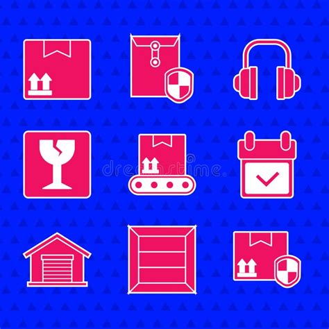 set conveyor belt with cardboard box wooden delivery pack security shield calendar check mark