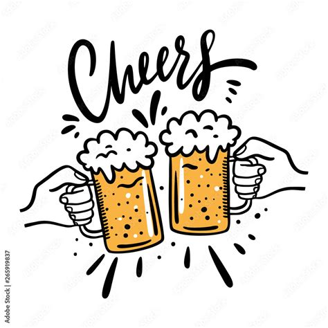 Cheers With Beer Glasses Mug Hand Drawn Vector Illustration Cartoon Style Isolated On White