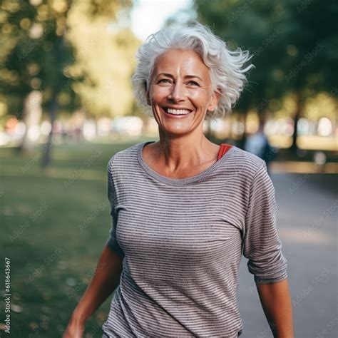 Active Mature Caucasian Woman With Grey Hair In The Park Portrait Of