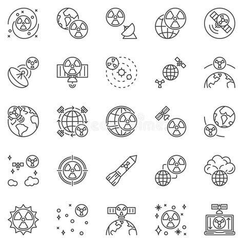 Nukes In Space Outline Icons Set Space Based Nuclear Weapons Missile Line Concept Vector