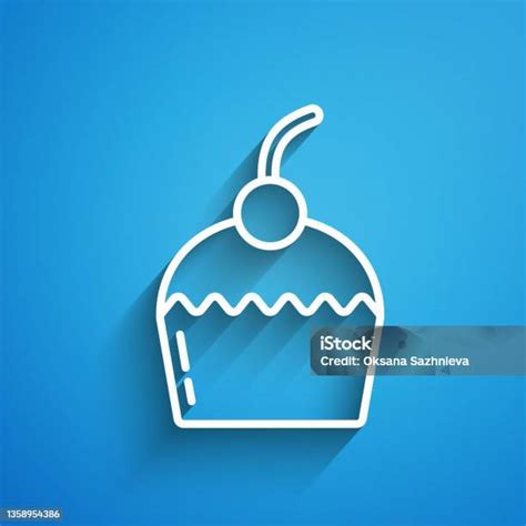 파란색 배경에 격리 된 흰색 선 케이크 아이콘 생일 축하해요 긴 그림자 벡터 공휴일에 대한 스톡 벡터 아트 및 기타 이미지