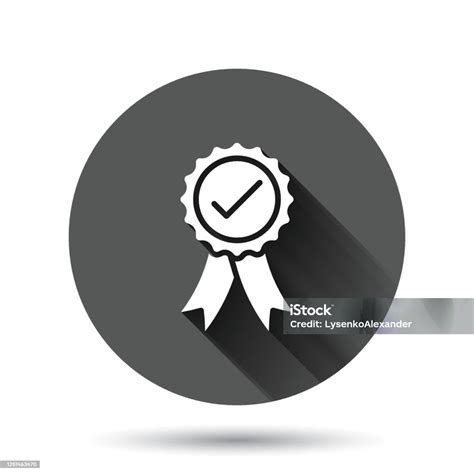 플랫 스타일로 체크 마크 아이콘으로 우승자 긴 그림자 효과와 검은 둥근 배경에 로제트 상 벡터 일러스트 메달 서클 버튼 비즈니스 컨셉 1위에 대한 스톡 벡터 아트 및 기타