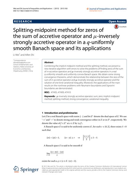 Pdf Splitting Midpoint Method For Zeros Of The Sum Of Accretive Operator And μ Inversely