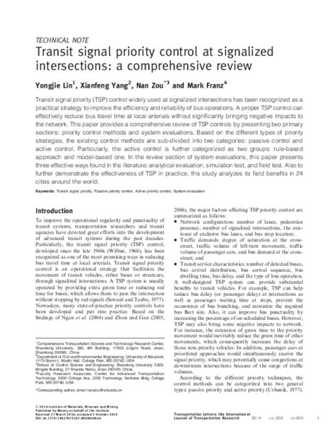 Pdf Transit Signal Priority Control At Signalized Intersections A Comprehensive Review