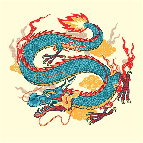 Premium Vector Fierce Asian Dragon Flying Over Cloud With Fire Hand