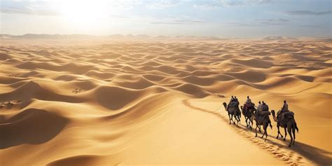 Camel Caravan Navigating Through Vast Golden Desert Sands Under A Bright Sky Scenic Travel