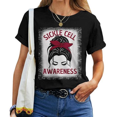 Sickle Cell Awareness Messy Bun Burgundy Ribbon Women T Shirt Monsterry