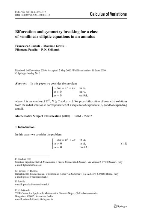 Pdf Bifurcation And Symmetry Breaking For A Class Of Semilinear Elliptic Equations In An Annulus