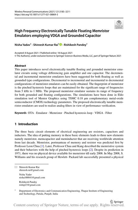 High Frequency Electronically Tunable Floating Memristor Emulators Employing Vdga And Grounded