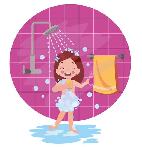 어린 아이가 샤워를 하고 몸을 씻는다 프리미엄 벡터