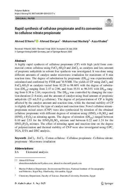 Pdf Rapid Synthesis Of Cellulose Propionate And Its Conversion To