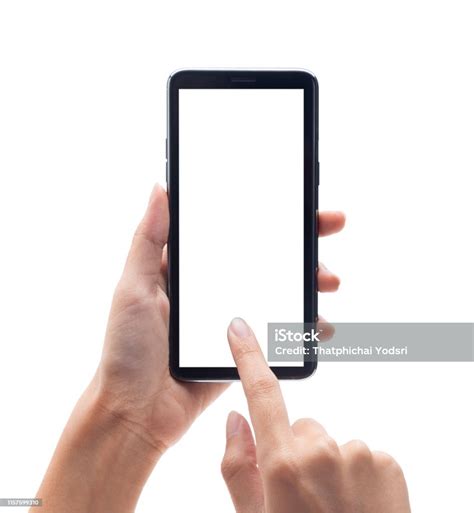 여자 손 검은 스마트 폰을 들고 클리핑 경로와 흰색 배경에 고립 된 빈 화면에 터치 태블릿에 대한 스톡 사진 및 기타 이미지 태블릿 공란 만짐 Istock