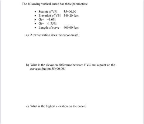 Solved The Following Vertical Curve Has These Parameters Chegg
