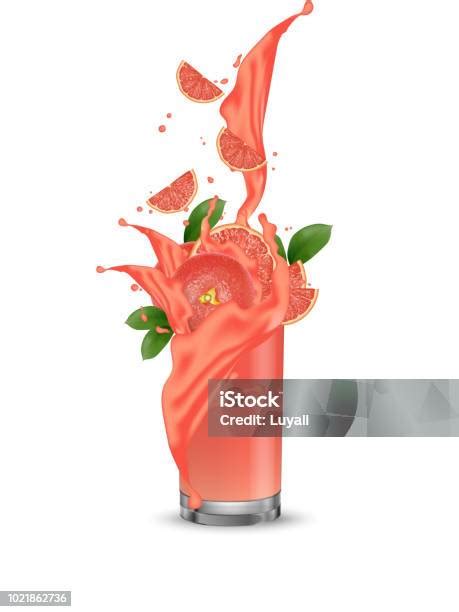 자 몽 시작 그림입니다 유리에 Splashing 주스입니다 칵테일 떨어지는 핑크 조각 배경에 고립 오렌지입니다 광고 배너입니다 제품 디자인입니다 벡터 3차원 형태에 대한