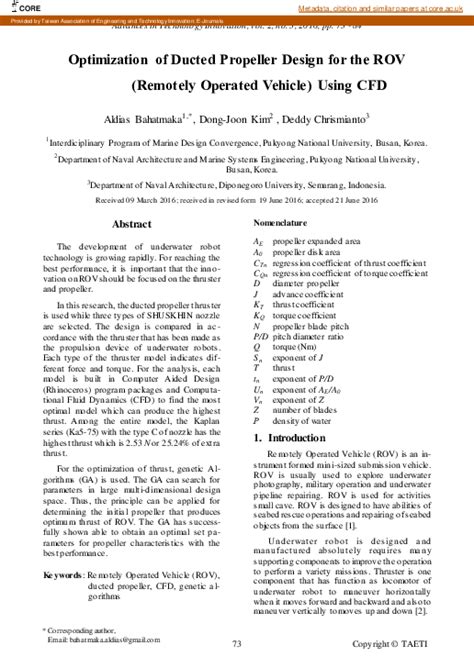 Pdf Optimization Of Ducted Propeller Design For The Rov Remotely Operated Vehicle Using Cfd