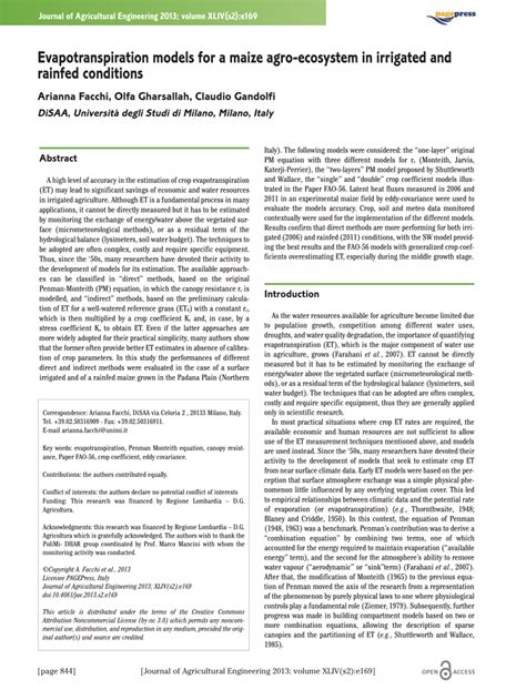 Pdf Evapotranspiration Models For A Maize Agro Ecosystem In Irrigated And Rainfed Conditions