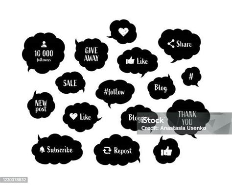 소셜 미디어 아이콘 세트입니다 흑백 게시물 및 배너 템플릿 개념입니다 벡터 플랫 일러스트레이션입니다 블로거에 유용한 토크 버블 기호의 그룹 배너 버튼 Ui에 대한 디자인