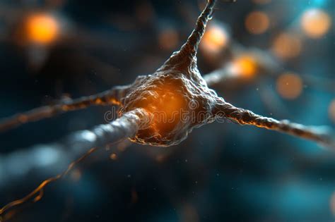 Microscopic View Of A Neuron Firing Its Intricate Network Glowing With Neural Activity Stock