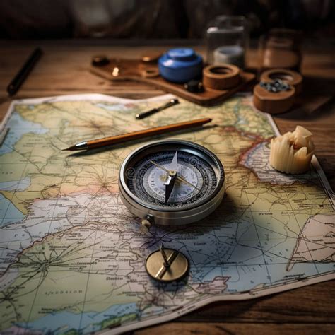 A Magnetic Compass Lies On A Weathered Map Generative Ai Stock