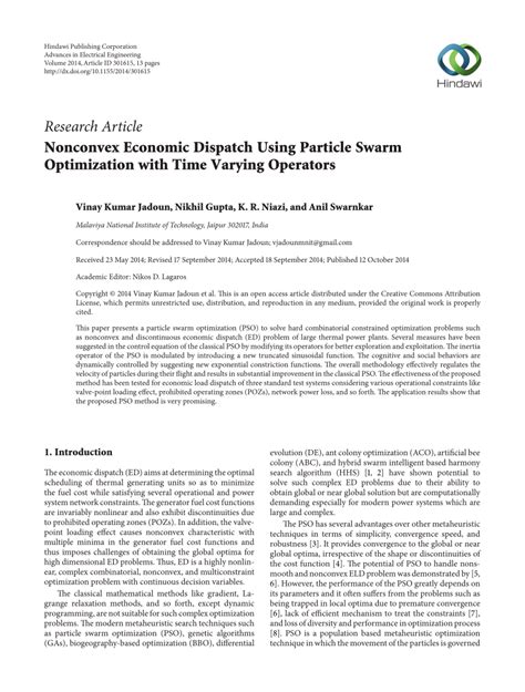 Pdf Nonconvex Economic Dispatch Using Particle Swarm Optimization With Time Varying Operators