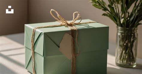 태그가 묶인 녹색 상자가 옆 테이블에 놓여 있습니다 사진 Unsplash의 무료 선물 이미지