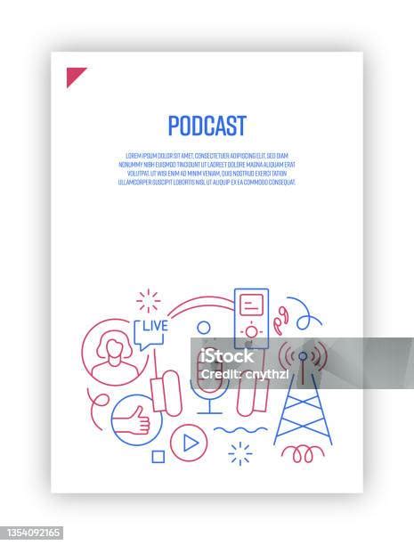 일러스트레이션 팟캐스트 개념의 벡터 집합입니다 웹 페이지 배너 포스터 인쇄 등을 위한 라인 아트 스타일 배경 디자인 벡터 일러스트레이션 팟캐스팅에 대한 스톡 벡터 아트 및