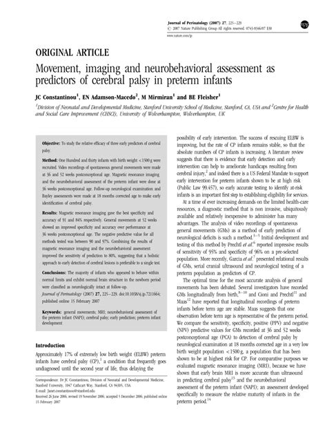 Pdf Movement Imaging And Neurobehavioral Assessment As Predictors Of