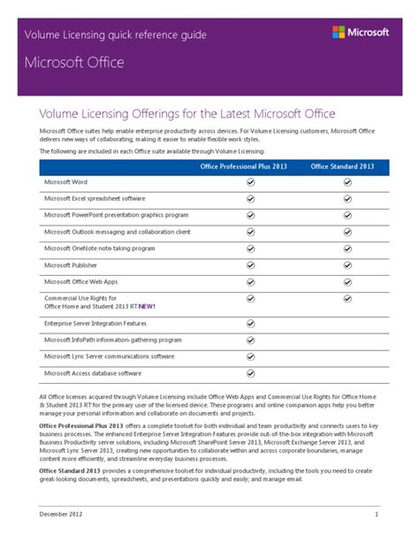 Volume Licensing Quick Reference Guide For Microsoft Office Microsoft