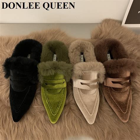 패션 클로즈 토 플랫 힐 슬리퍼 야외 홈 슬라이드 모피 뮬 신발 여성 벨벳 플러시 로퍼 따뜻한 겨울 신발 여성 신발 Aliexpress