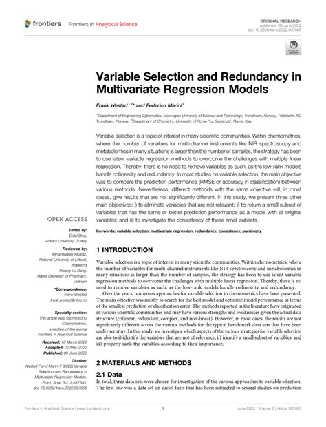 Pdf Variable Selection And Redundancy In Multivariate Regression Models