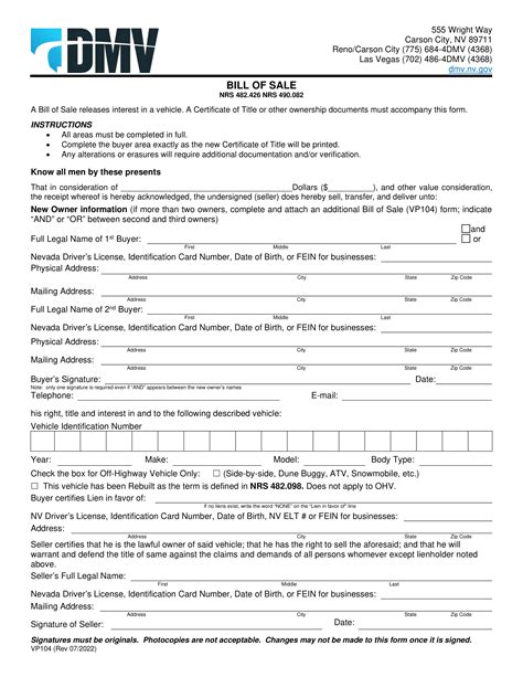Free Nevada Bill Of Sale Template Driving Test Pro
