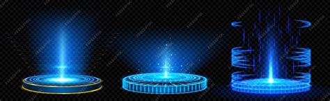홀로그램 및 조명 효과가 있는 원형 연단의 디지털 포털 투명한 배경 벡터 현실적인 세트에 격리된 파란색 네온 빔이 있는 3d 미래형 플랫폼 무료 벡터