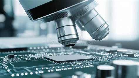Close Up View Of A Microscope Analyzing A Printed Circuit Board In A Lab Setting During Daylight