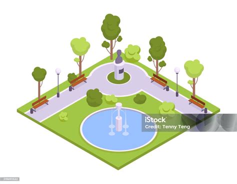 아이소 메트릭 도시 공원 분수 벤치와 나무 현대 도시 정원 환경 3d 벡터 일러스트 레이 션 흰색 배경에 도시 공원 3차원