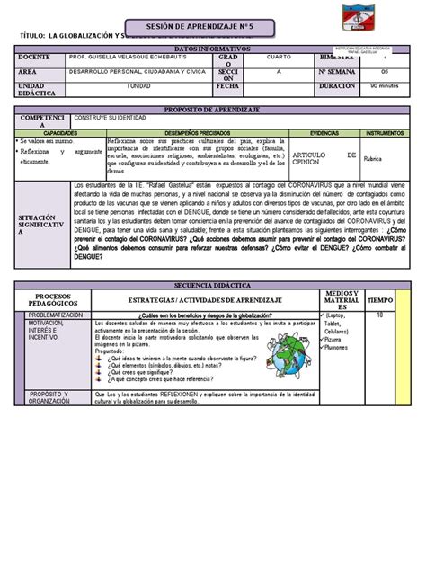 Sesión De Aprendizaje 5 Dpcc Pdf