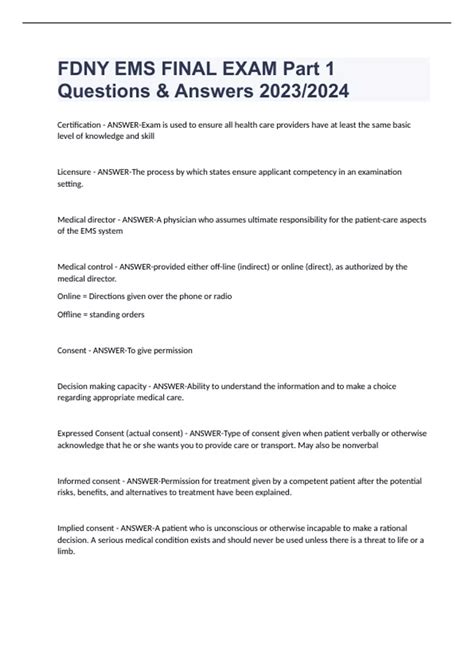 FDNY EMS FINAL EXAM Part 1 Questions Answers 2023 2024 FDNY EMS Stuvia US