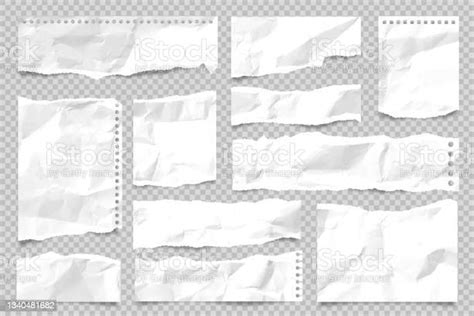 투명한 배경에서 분리된 찢어진 종이 스트립 찢어진 가장자리가있는 현실적인 구겨진 종이 스크랩 스티커 노트 노트북 페이지의 조각