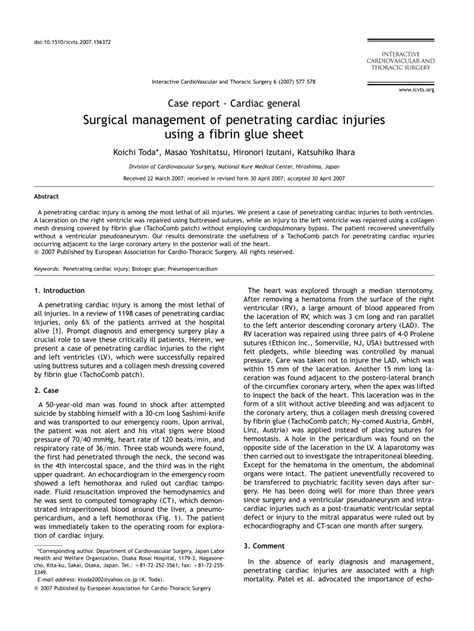 Pdf Surgical Management Of Penetrating Cardiac Injuries Using A Fibrin Glue Sheet