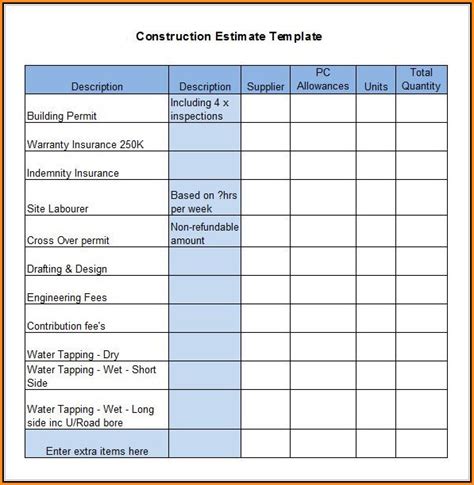 Excel Template For Construction Estimate Template 2 Resume Examples