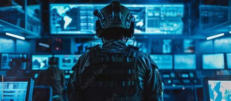 Military Officer In Tactical Gear Looking At Multiple Screens In Command Center Conceptual