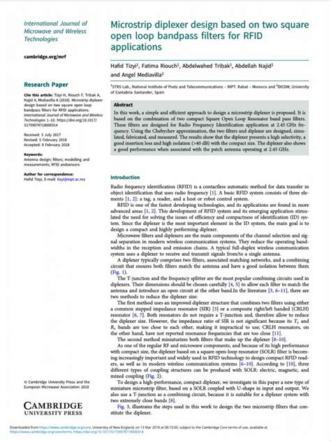Pdf Microstrip Diplexer Design Based On Two Square Open Loop Bandpass Filters For Rfid