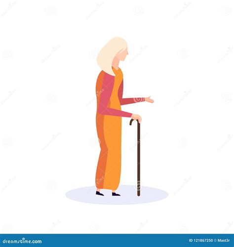 Old Woman Walking Stick Elderly Grandmother Walk Isolated Cartoon