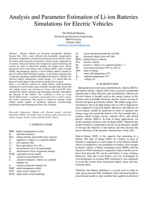 Pdf Analysis And Parameter Estimation Of Li Ion Batteries Simulations For Electric Vehicles