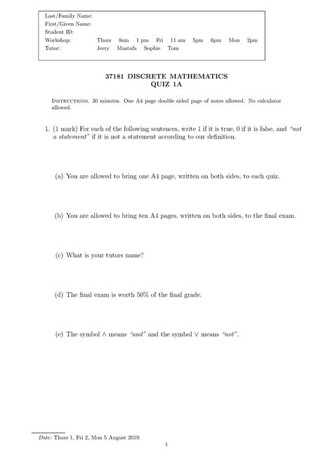 Quiz 19 5 April 2019 Questions 37181 Discrete Mathematicsquiz 1a