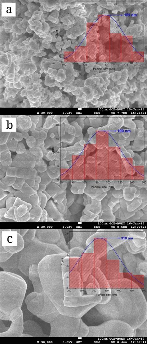 fesem micrograph images and particle size distribution histograms of